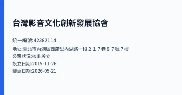 台灣影音文化創新發展協會的照片-統編 42382114(臺北市) 公司登記資料與營業項目詳細圖表