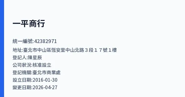 一平商行的照片-統編 42382971(臺北市) 公司登記資料與營業項目詳細圖表