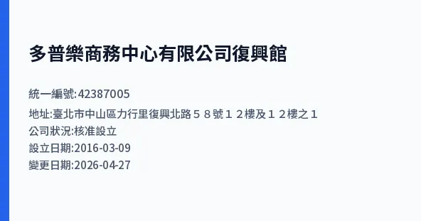 多普樂商務中心有限公司復興館的照片-統編 42387005(臺北市) 公司登記資料與營業項目詳細圖表