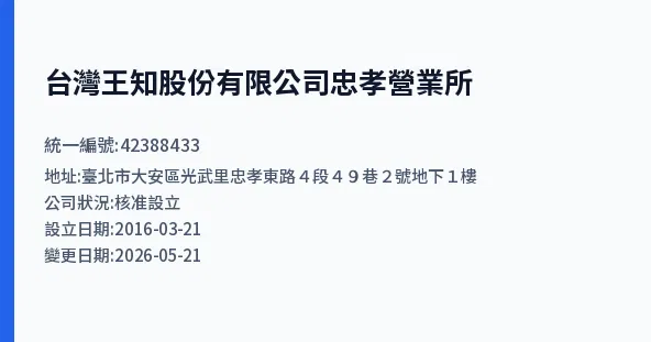 台灣王知股份有限公司忠孝營業所的照片-統編 42388433(臺北市) 公司登記資料與營業項目詳細圖表