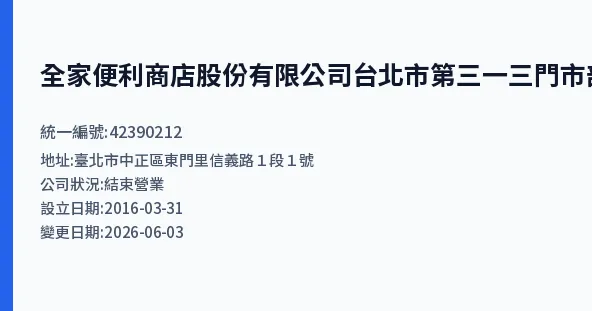 全家便利商店股份有限公司台北市第三一三門市部的照片-統編 42390212(臺北市) 公司登記資料與營業項目詳細圖表