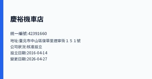 慶裕機車店的照片-統編 42391660(臺北市) 公司登記資料與營業項目詳細圖表