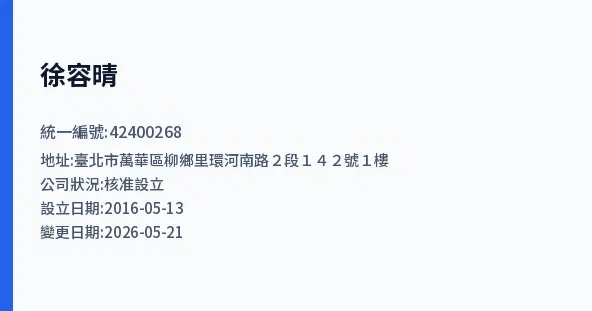 徐容晴的照片-統編 42400268(臺北市) 公司登記資料與營業項目詳細圖表