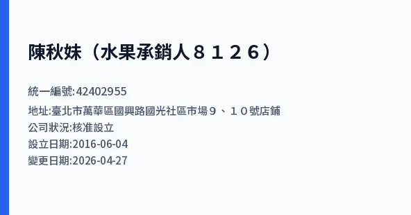 陳秋妹(水果承銷人8126)的照片-統編 42402955(臺北市) 公司登記資料與營業項目詳細圖表