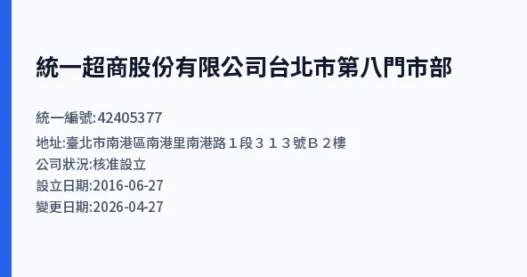 統一超商股份有限公司台北市第八門市部的照片-統編 42405377(臺北市) 公司登記資料與營業項目詳細圖表