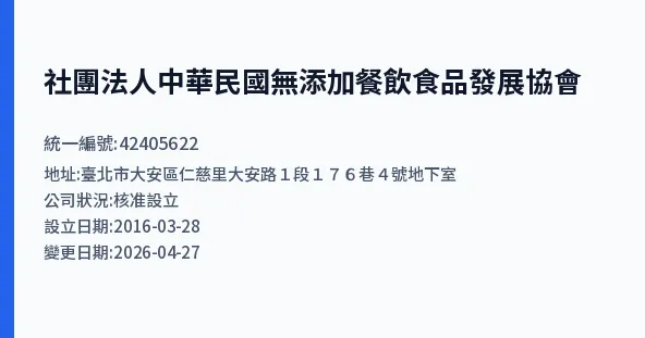 社團法人中華民國無添加餐飲食品發展協會的照片-統編 42405622(臺北市) 公司登記資料與營業項目詳細圖表
