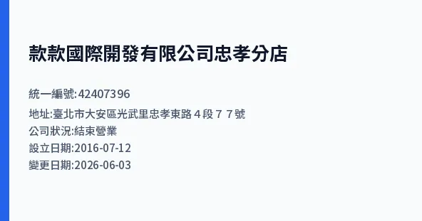 款款國際開發有限公司忠孝分店的照片-統編 42407396(臺北市) 公司登記資料與營業項目詳細圖表