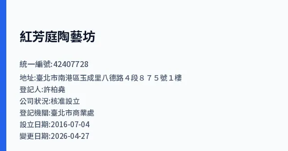 紅芳庭陶藝坊的照片-統編 42407728(臺北市) 公司登記資料與營業項目詳細圖表