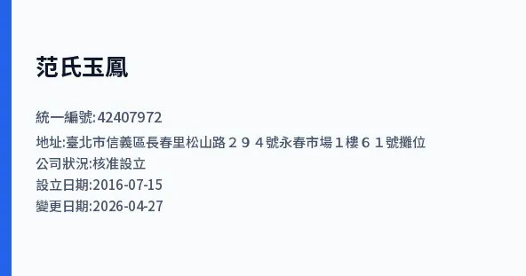 范氏玉鳳的照片-統編 42407972(臺北市) 公司登記資料與營業項目詳細圖表