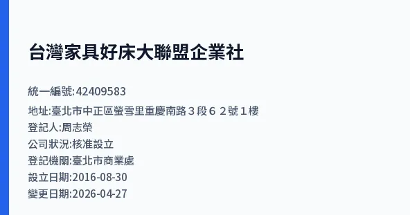 台灣家具好床大聯盟企業社的照片-統編 42409583(臺北市) 公司登記資料與營業項目詳細圖表