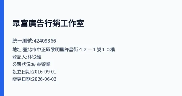 眾富廣告行銷工作室的照片-統編 42409866(臺北市) 公司登記資料與營業項目詳細圖表