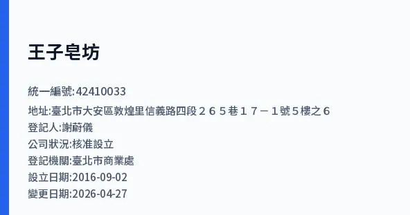 王子皂坊的照片-統編 42410033(臺北市) 公司登記資料與營業項目詳細圖表