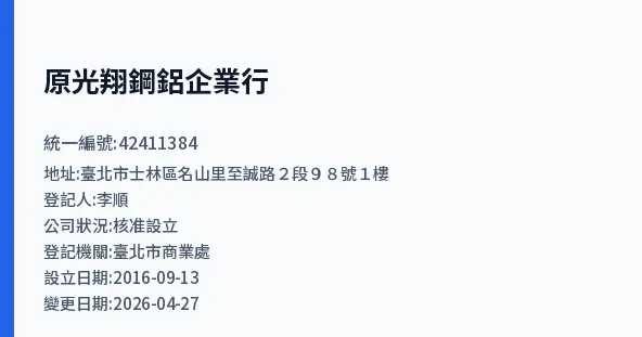 原光翔鋼鋁企業行的照片-統編 42411384(臺北市) 公司登記資料與營業項目詳細圖表