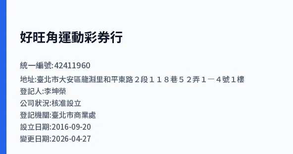 好旺角運動彩券行的照片-統編 42411960(臺北市) 公司登記資料與營業項目詳細圖表