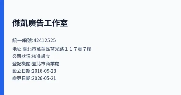 傑凱廣告工作室的照片-統編 42412525(臺北市) 公司登記資料與營業項目詳細圖表