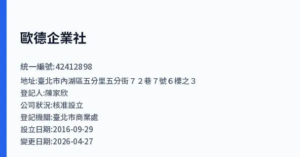 歐德企業社的照片-統編 42412898(臺北市) 公司登記資料與營業項目詳細圖表