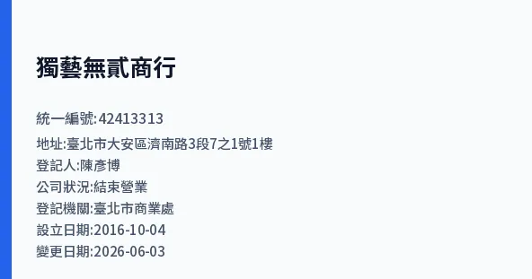 獨藝無貳商行的照片-統編 42413313(臺北市) 公司登記資料與營業項目詳細圖表