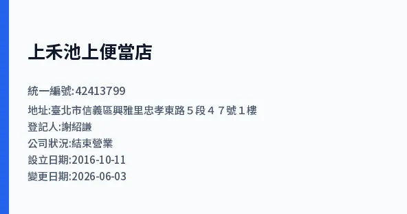 上禾池上便當店的照片-統編 42413799(臺北市) 公司登記資料與營業項目詳細圖表