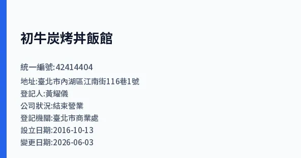 初牛炭烤丼飯館的照片-統編 42414404(臺北市) 公司登記資料與營業項目詳細圖表