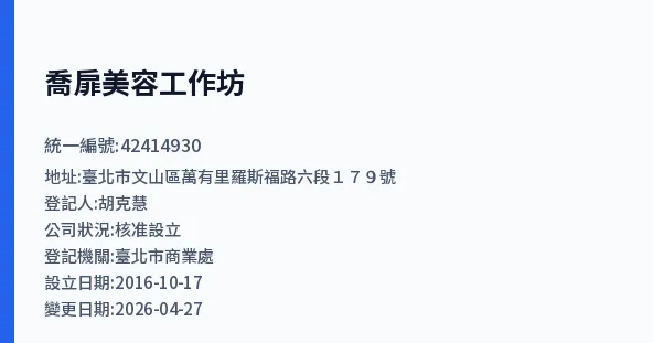 喬扉美容工作坊的照片-統編 42414930(臺北市) 公司登記資料與營業項目詳細圖表