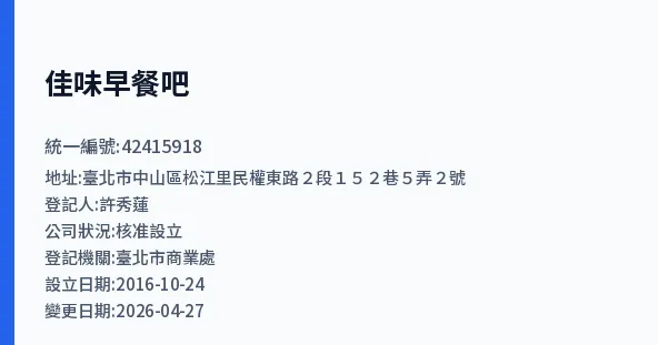佳味早餐吧的照片-統編 42415918(臺北市) 公司登記資料與營業項目詳細圖表