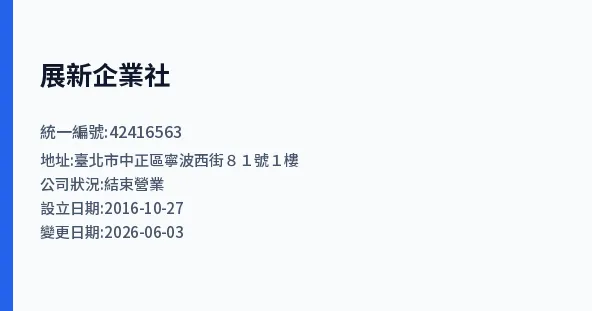 展新企業社的照片-統編 42416563(臺北市) 公司登記資料與營業項目詳細圖表