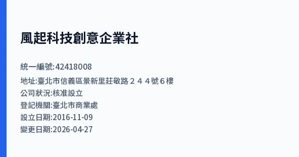 風起科技創意企業社的照片-統編 42418008(臺北市) 公司登記資料與營業項目詳細圖表