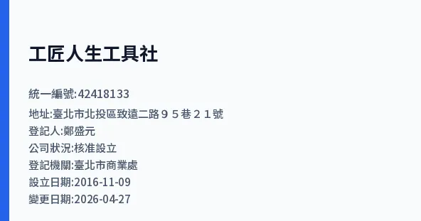 工匠人生工具社的照片-統編 42418133(臺北市) 公司登記資料與營業項目詳細圖表