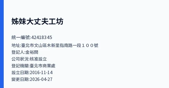 姊妹大丈夫工坊的照片-統編 42418345(臺北市) 公司登記資料與營業項目詳細圖表
