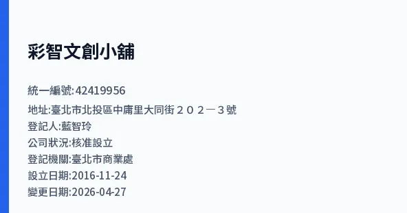 彩智文創小舖的照片-統編 42419956(臺北市) 公司登記資料與營業項目詳細圖表