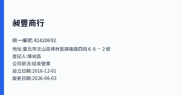 昶豐商行的照片-統編 42420692(臺北市) 公司登記資料與營業項目詳細圖表