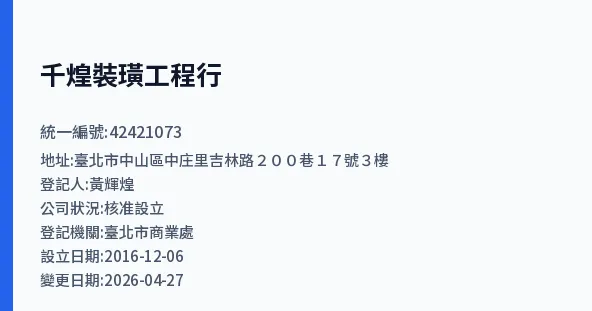千煌裝璜工程行的照片-統編 42421073(臺北市) 公司登記資料與營業項目詳細圖表