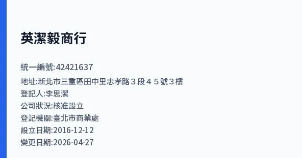 英潔毅商行的照片-統編 42421637(新北市) 公司登記資料與營業項目詳細圖表