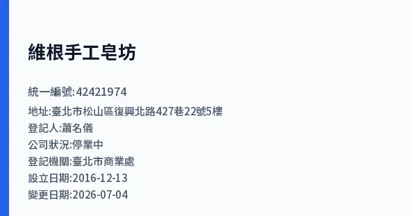 維根手工皂坊的照片-統編 42421974(臺北市) 公司登記資料與營業項目詳細圖表