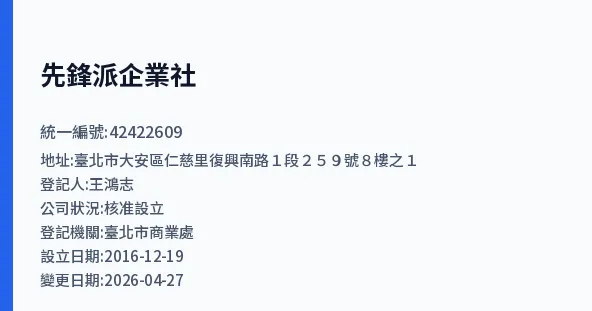 先鋒派企業社的照片-統編 42422609(臺北市) 公司登記資料與營業項目詳細圖表
