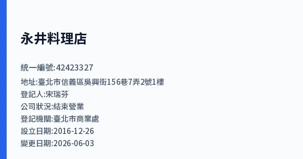 永井料理店的照片-統編 42423327(臺北市) 公司登記資料與營業項目詳細圖表