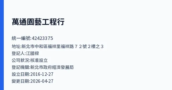 萬通園藝工程行的照片-統編 42423375(新北市) 公司登記資料與營業項目詳細圖表