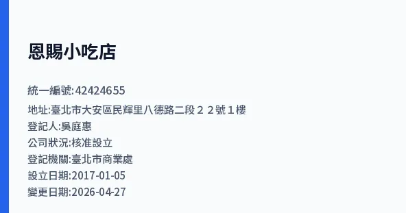 恩賜小吃店的照片-統編 42424655(臺北市) 公司登記資料與營業項目詳細圖表