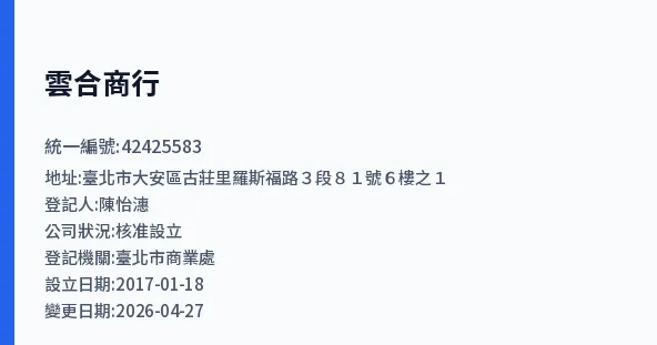 雲合商行的照片-統編 42425583(臺北市) 公司登記資料與營業項目詳細圖表