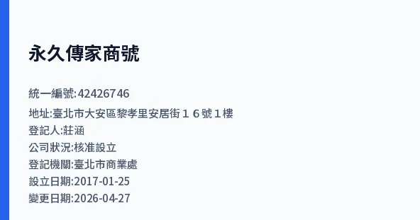 永久傳家商號的照片-統編 42426746(臺北市) 公司登記資料與營業項目詳細圖表