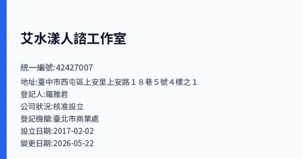 艾水漾人諮工作室的照片-統編 42427007(臺中市) 公司登記資料與營業項目詳細圖表