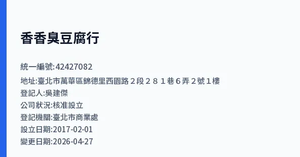 香香臭豆腐行的照片-統編 42427082(臺北市) 公司登記資料與營業項目詳細圖表