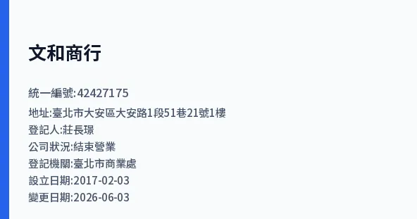 文和商行的照片-統編 42427175(臺北市) 公司登記資料與營業項目詳細圖表