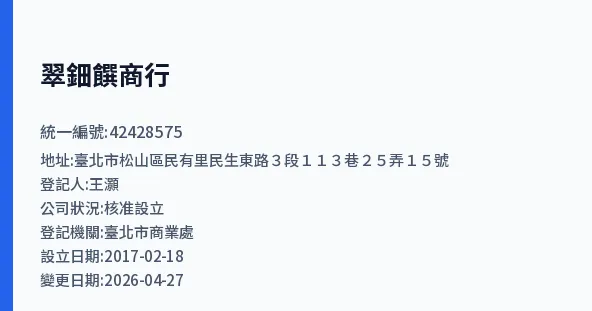 翠鈿饌商行的照片-統編 42428575(臺北市) 公司登記資料與營業項目詳細圖表