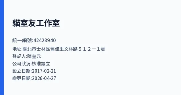 貓室友工作室的照片-統編 42428940(臺北市) 公司登記資料與營業項目詳細圖表
