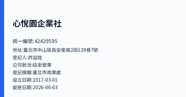 心悅園企業社的照片-統編 42429595(臺北市) 公司登記資料與營業項目詳細圖表