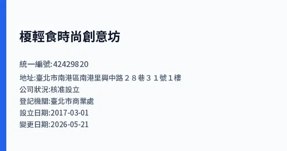 榎輕食時尚創意坊的照片-統編 42429820(臺北市) 公司登記資料與營業項目詳細圖表