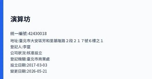 演算坊的照片-統編 42430018(臺北市) 公司登記資料與營業項目詳細圖表