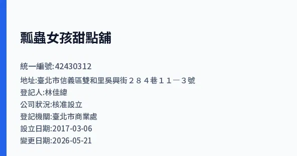 瓢蟲女孩甜點舖的照片-統編 42430312(臺北市) 公司登記資料與營業項目詳細圖表