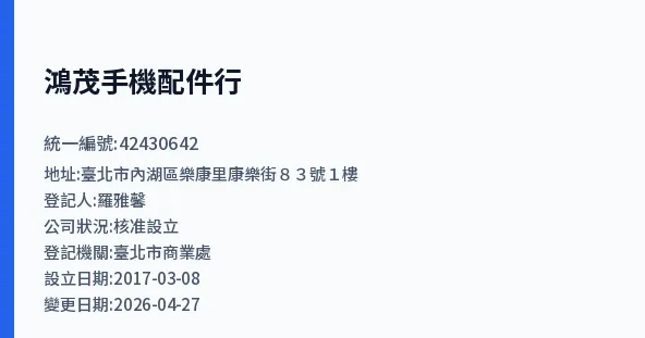 鴻茂手機配件行的照片-統編 42430642(臺北市) 公司登記資料與營業項目詳細圖表